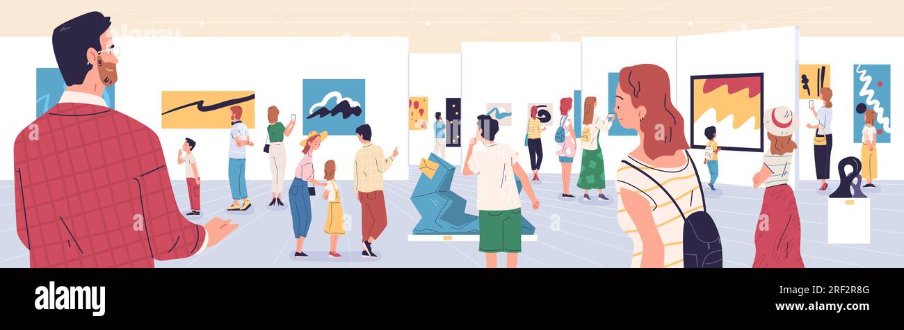 People at art gallery. Public exhibitions visitors group looking ...