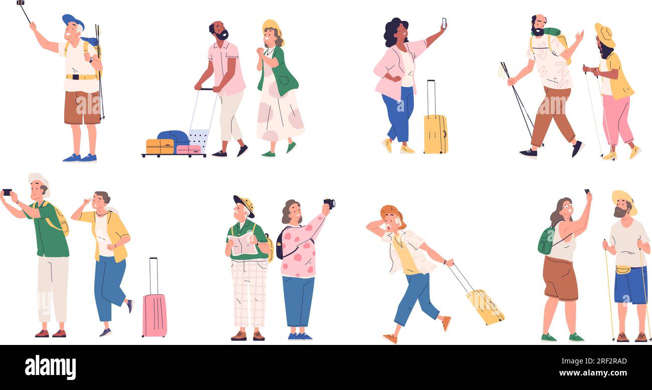 Elderly tourists. Seniors cuople travelers with suitcase in travel trip ...