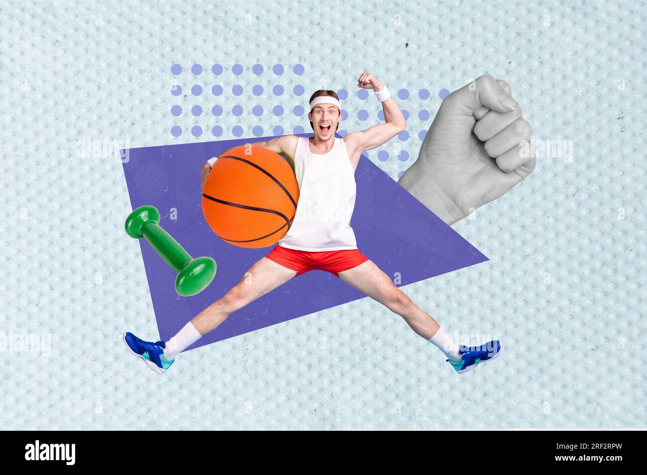 Collage photo advertisement sport inventory sportsman jumper fist up ...