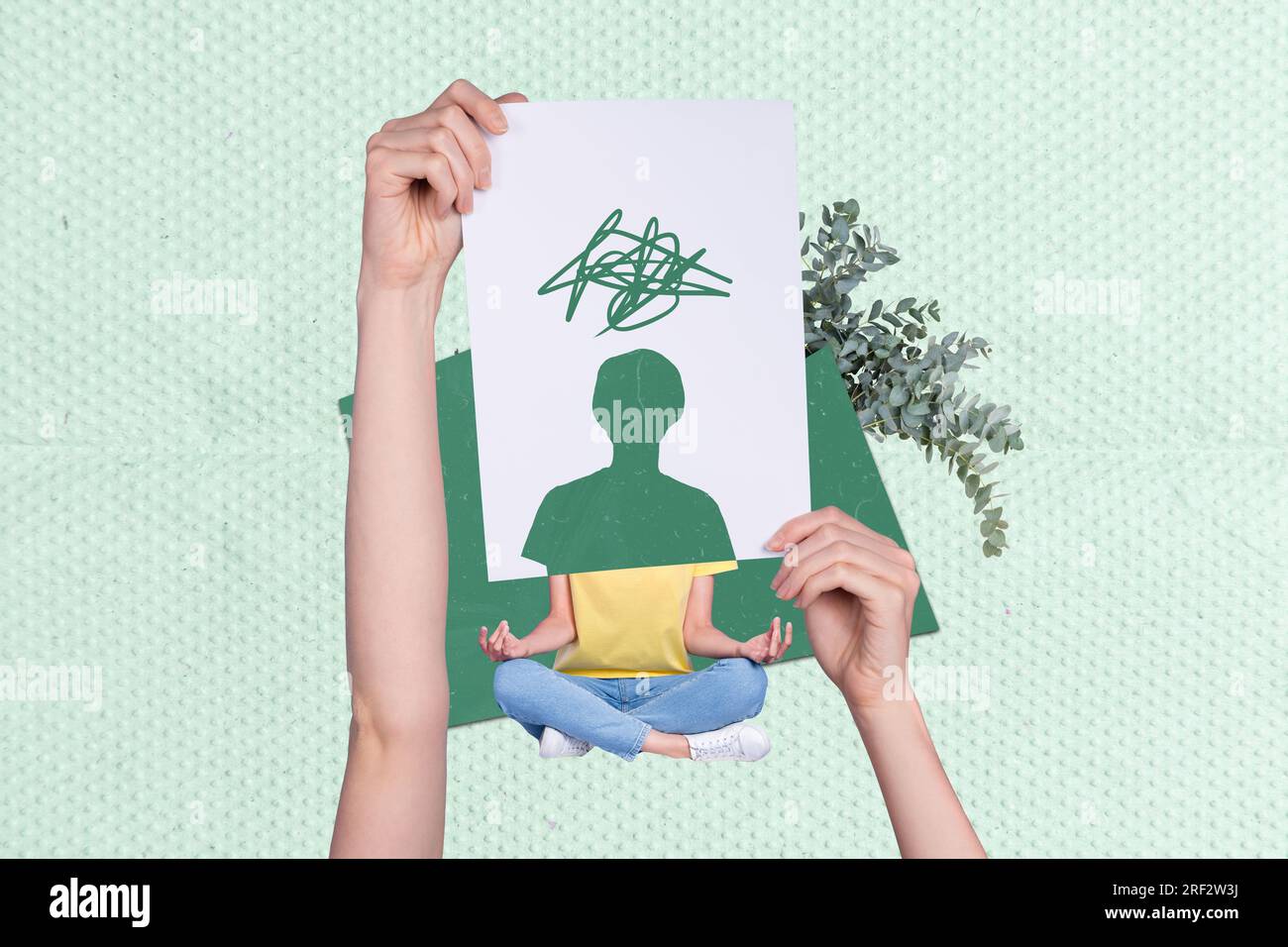 Collage of sitting meditation yoga concentrated woman anonym paper hide ...