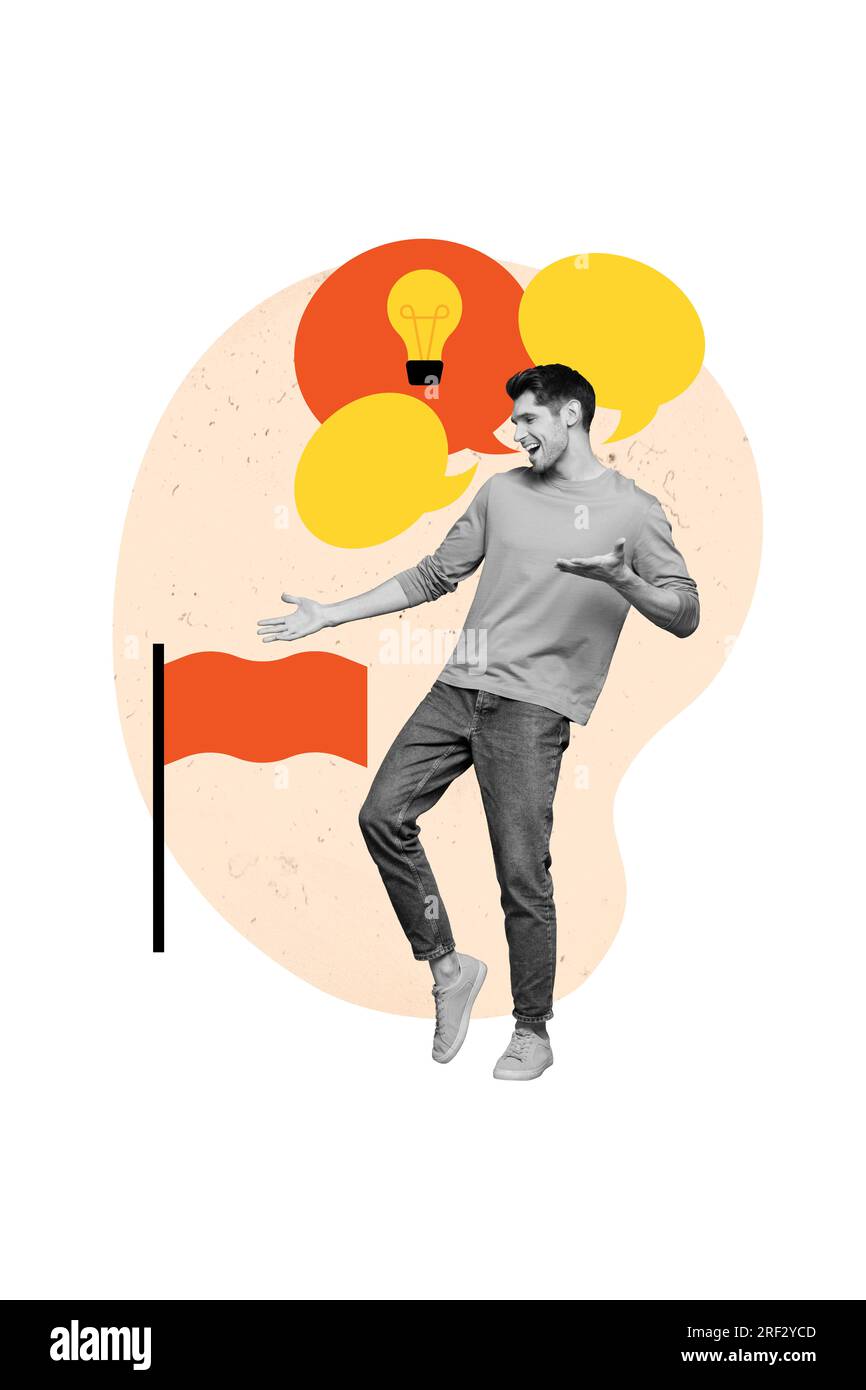Creative drawing collage picture of excited young happy man finish flag ...