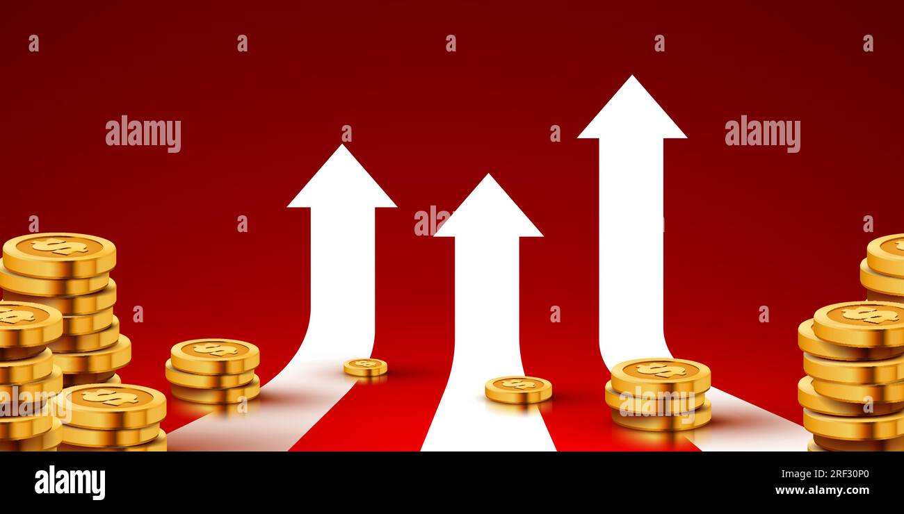 Large pile of golden coins with an upward growing arrows. Growing ...