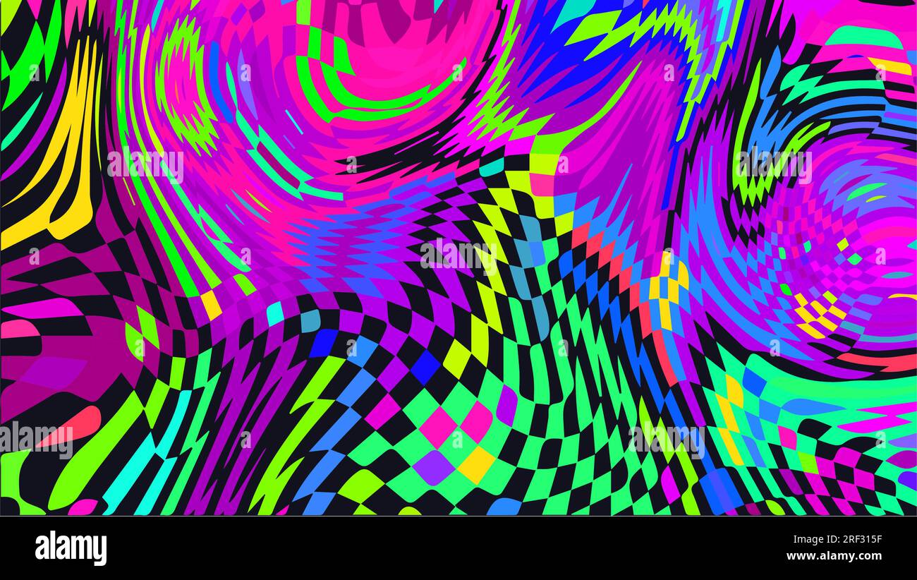 Distorted neon checkered pattern. Abstract euphoria. Hallucination in ...