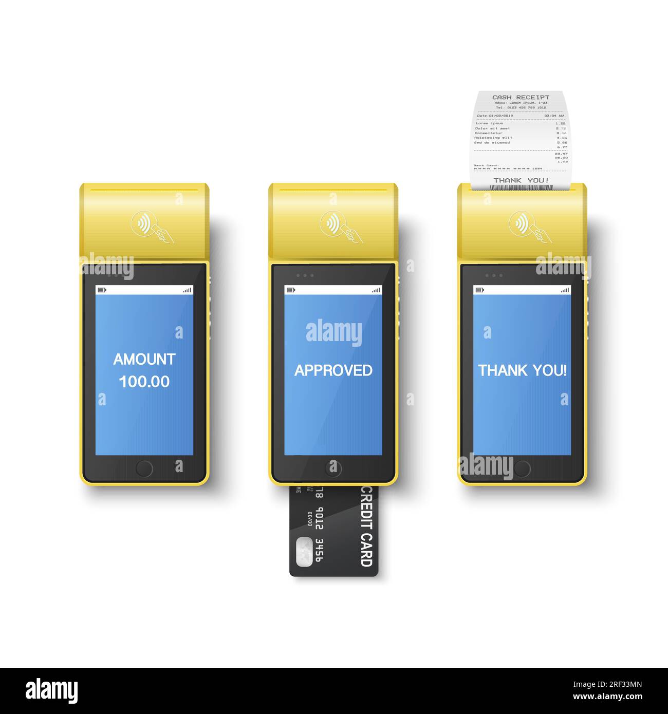 Vector 3d Yellow NFC Payment Machine with Approved Status and Paper Receipt, Bill, Credit Card ...