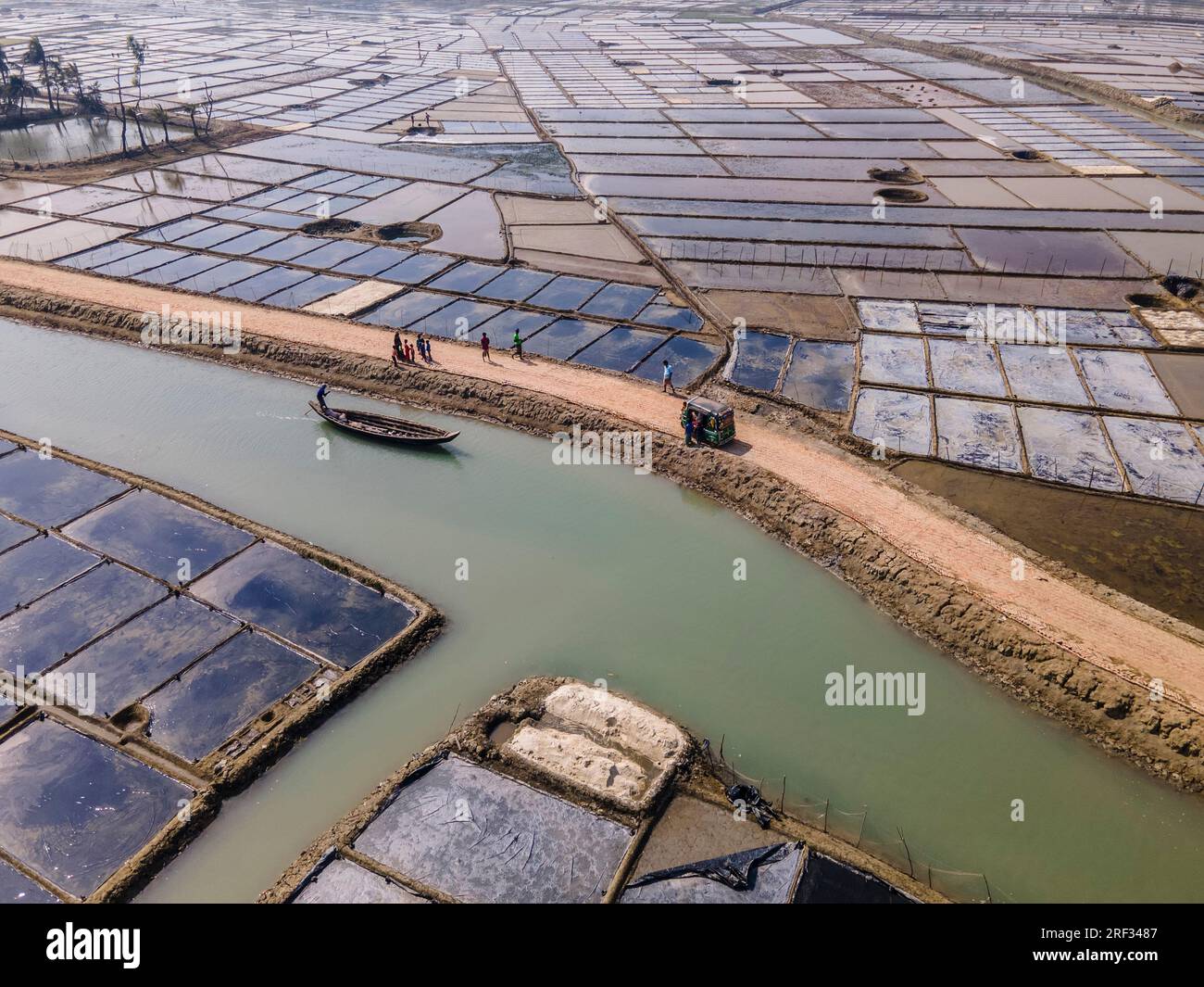 An aerial view of a natural salt field in the large area of the ...