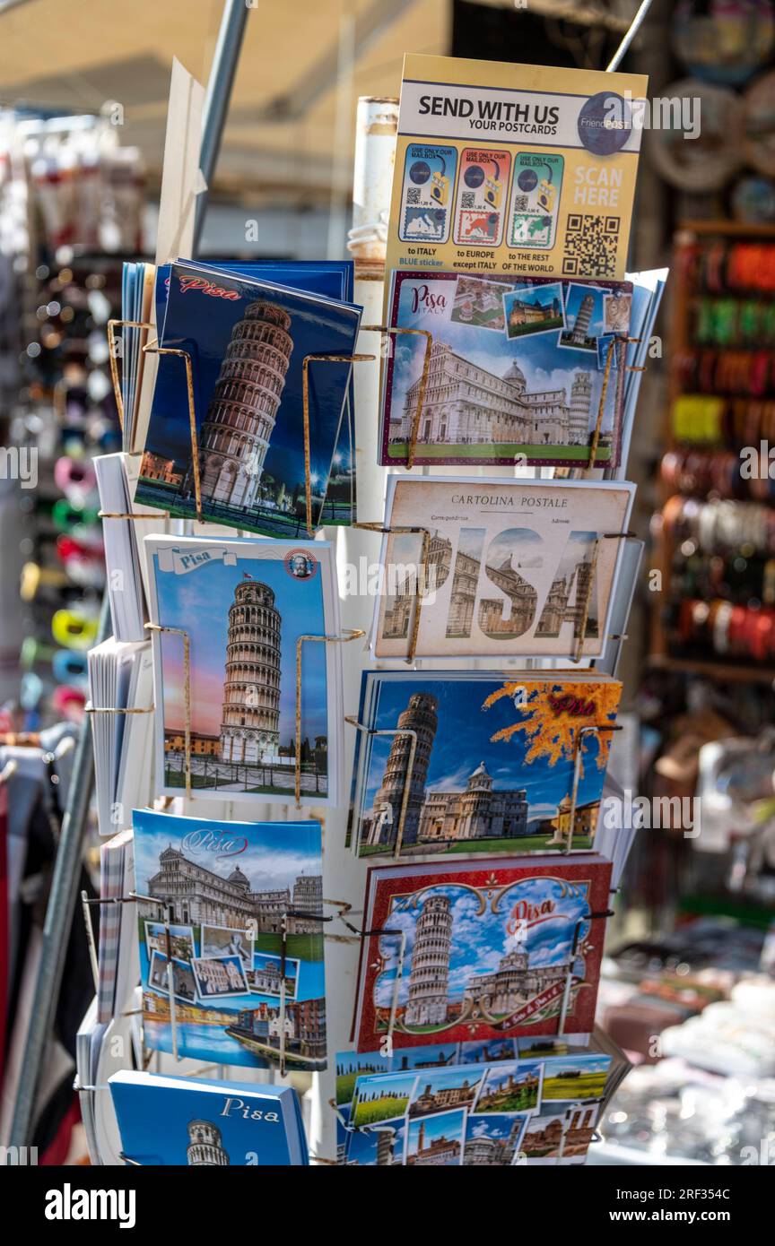 A rack of Pisa postcards in the Plazza del Duomo at Pisa in the Tuscany ...