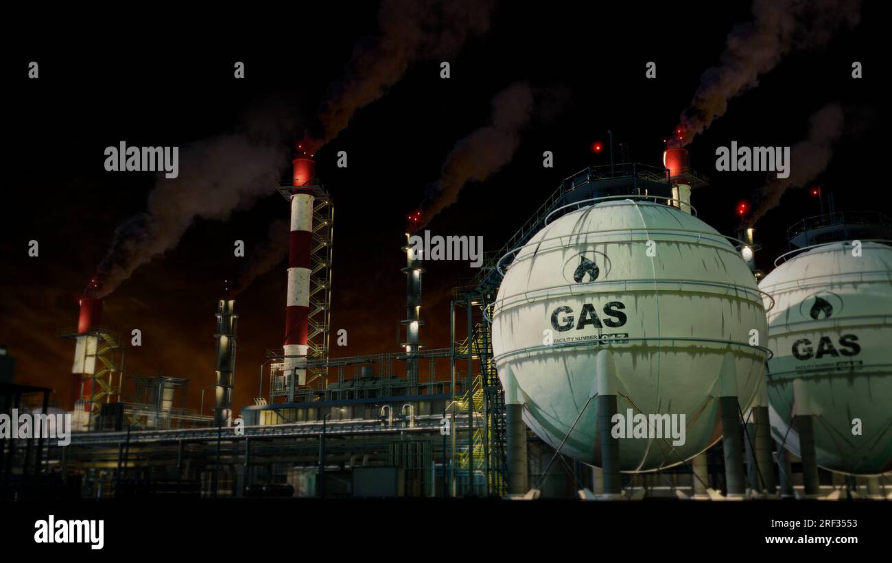 flammable gas or LNG storage tanks on refinery plant at night ...