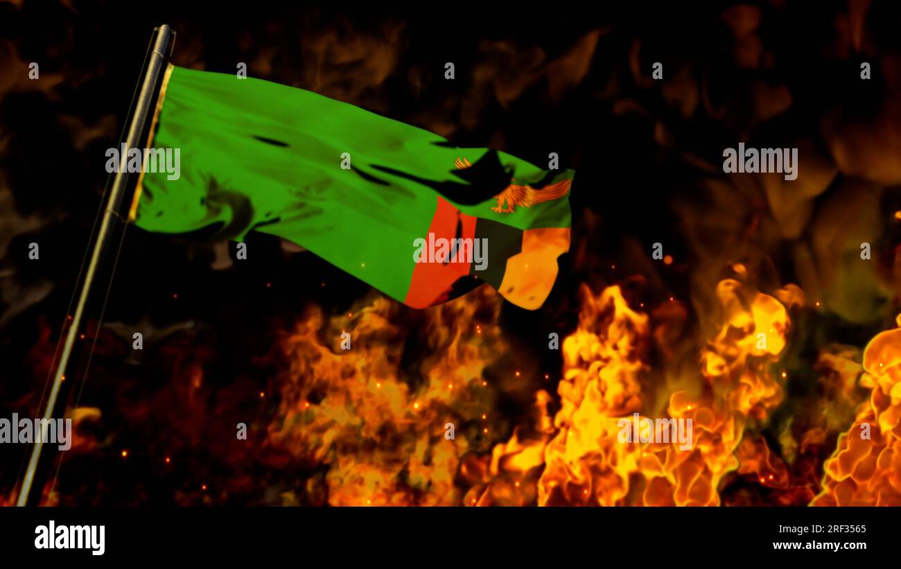 flag of Zambia on burning fire background - hard times concept ...