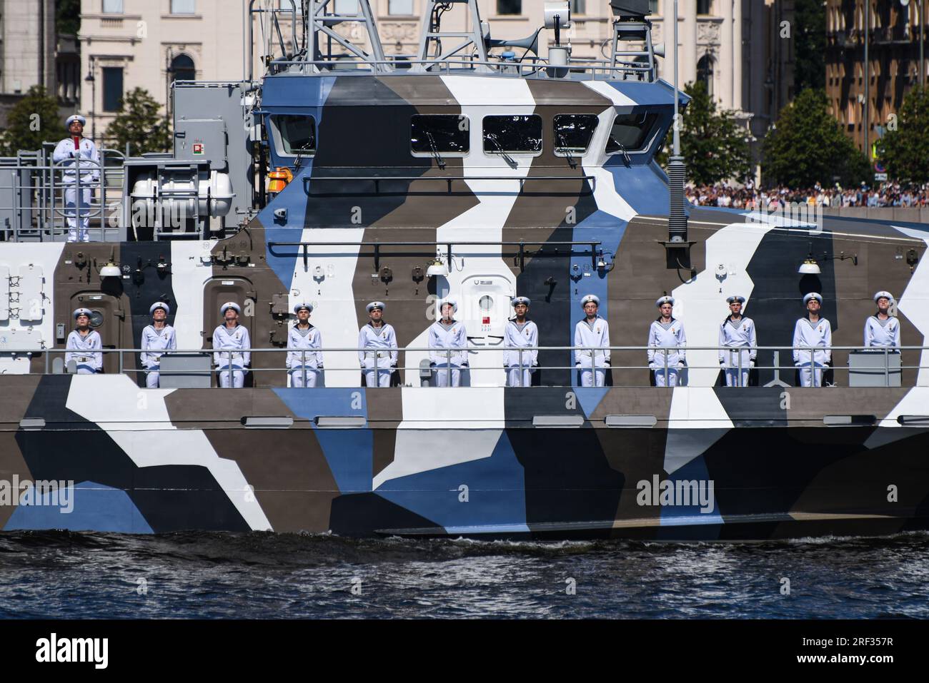 Sailors seen aboard of the ship during the military parade marking the ...