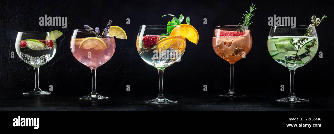 Fancy cocktails variety with fresh fruit. Many gin and tonic drinks ...