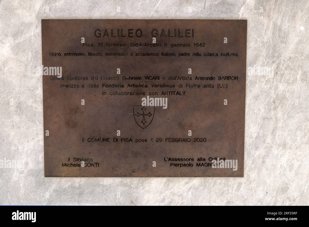 A plaque attached to the statue of Italian scientist Galileo Galilei ...