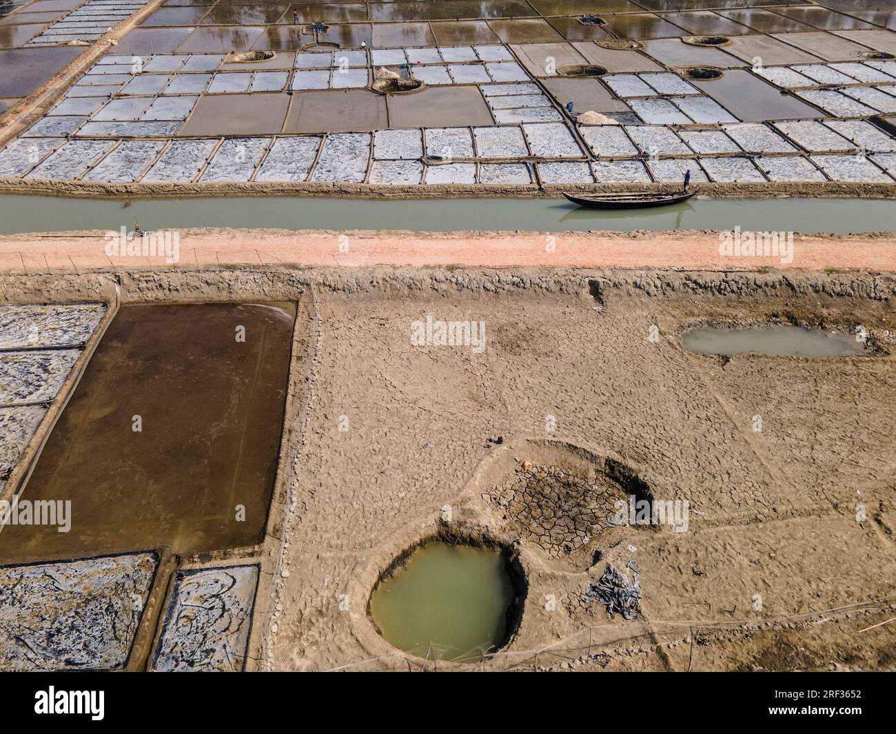 An aerial view of a natural salt field in the large area of the ...