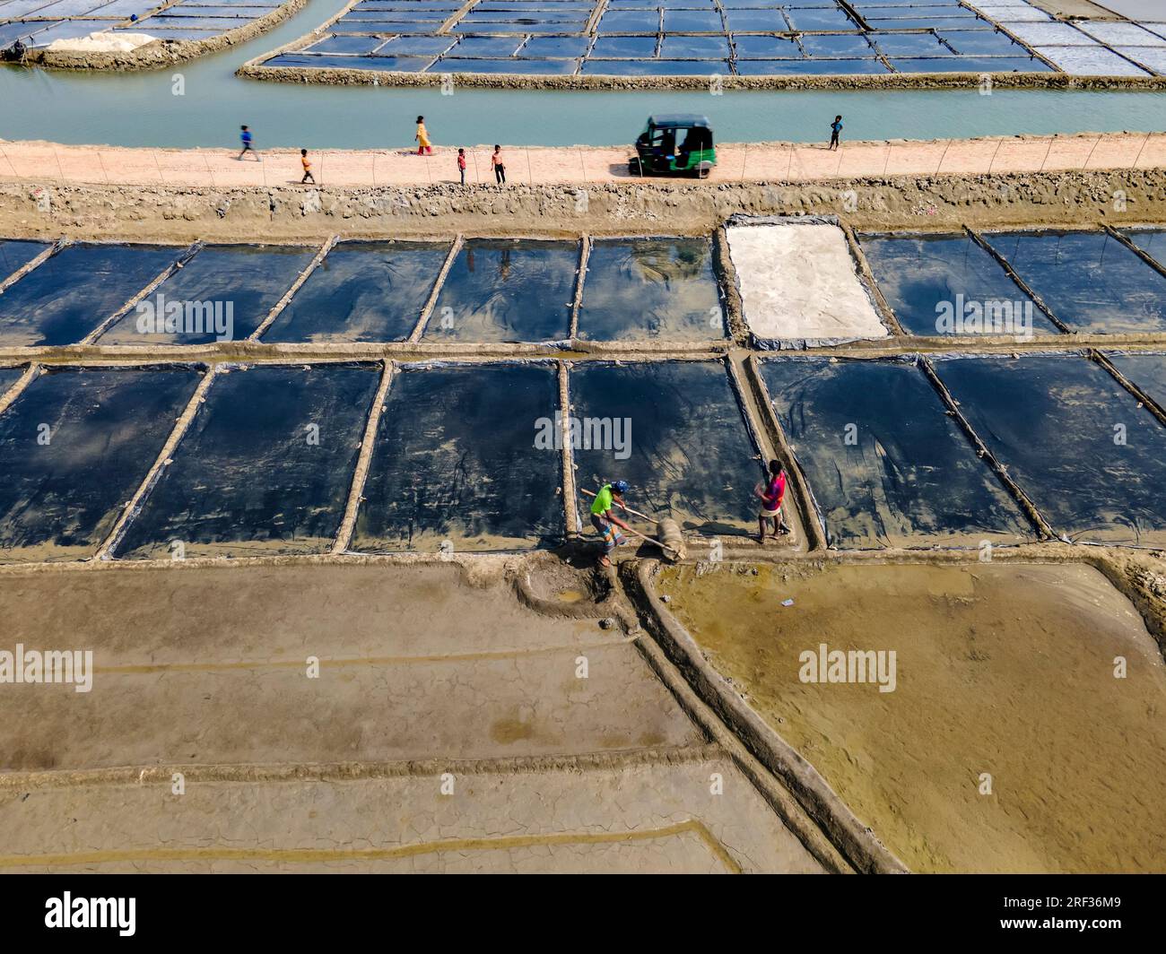 An aerial view of a natural salt field in the large area of the ...