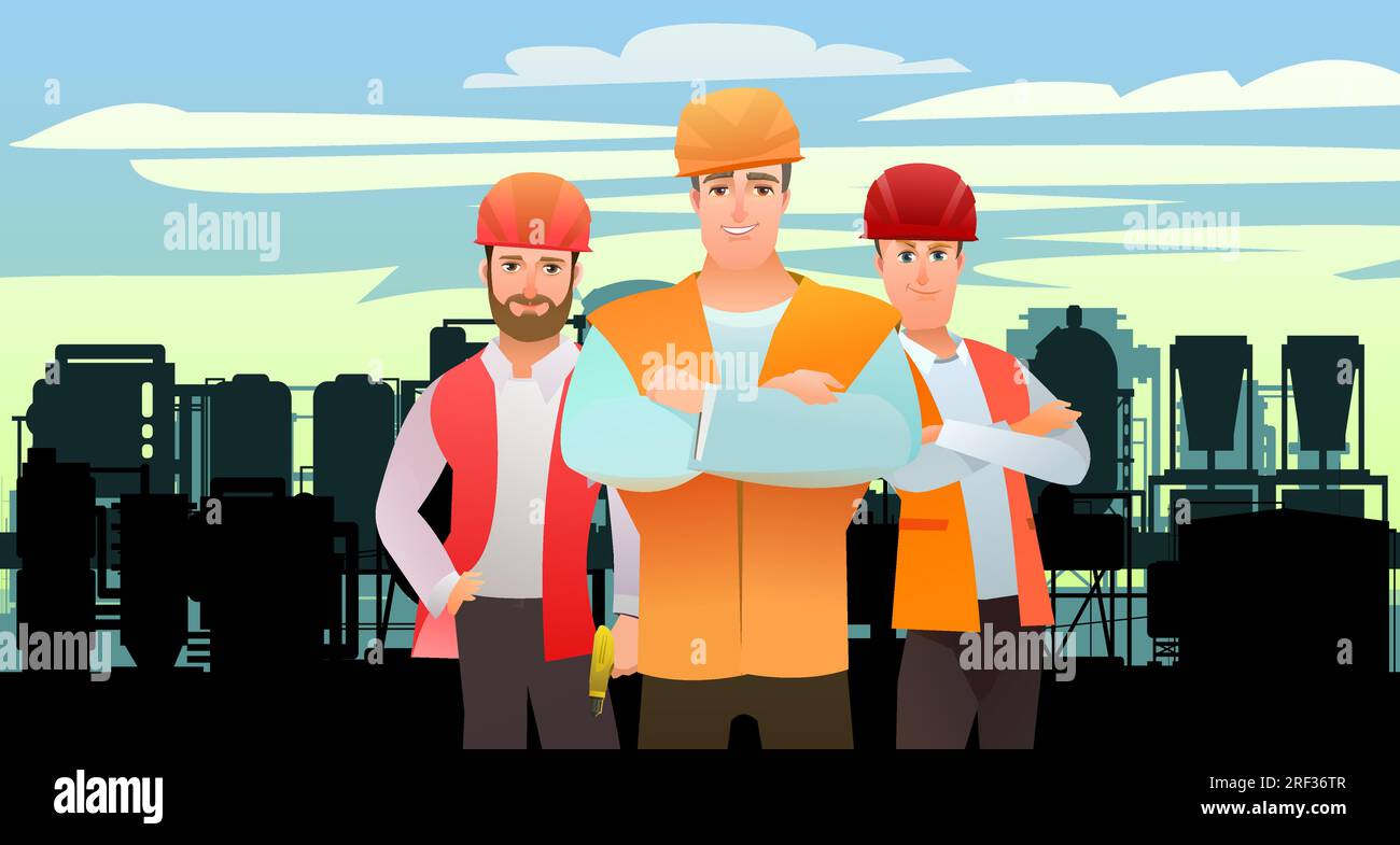 Working engineers factory. Industry characters in special clothes and ...