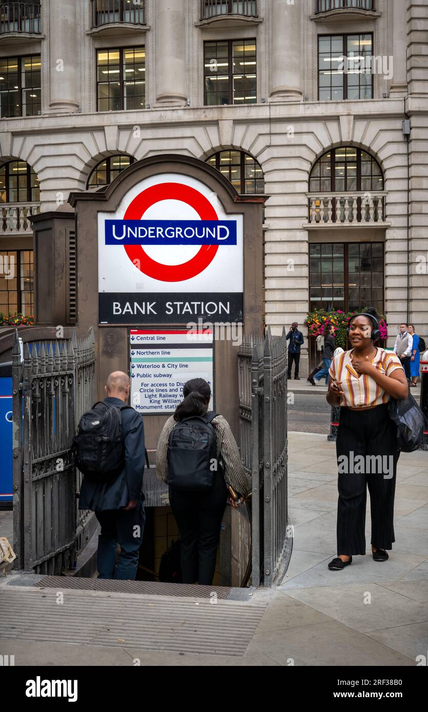 London, UK: An entrance to Bank Underground Station in the City of ...