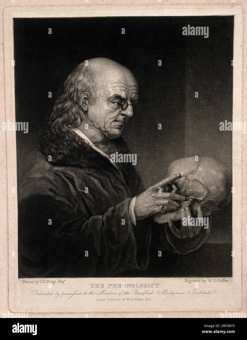 A bald phrenologist with a large forehead examining a skull 1833 by ...