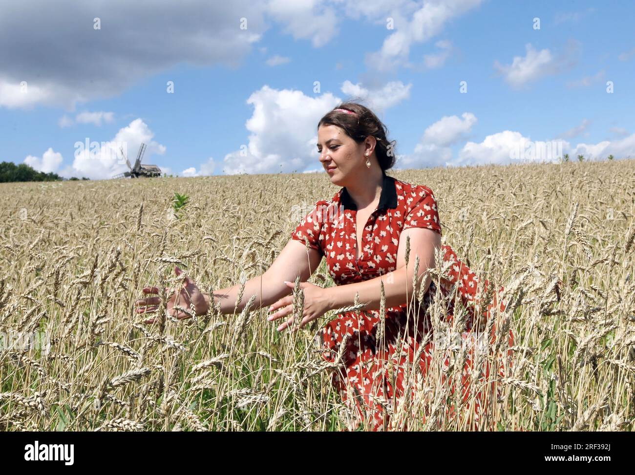 KYIV, UKRAINE - JULY 29, 2023 - A woman touches wheat ears in the field ...