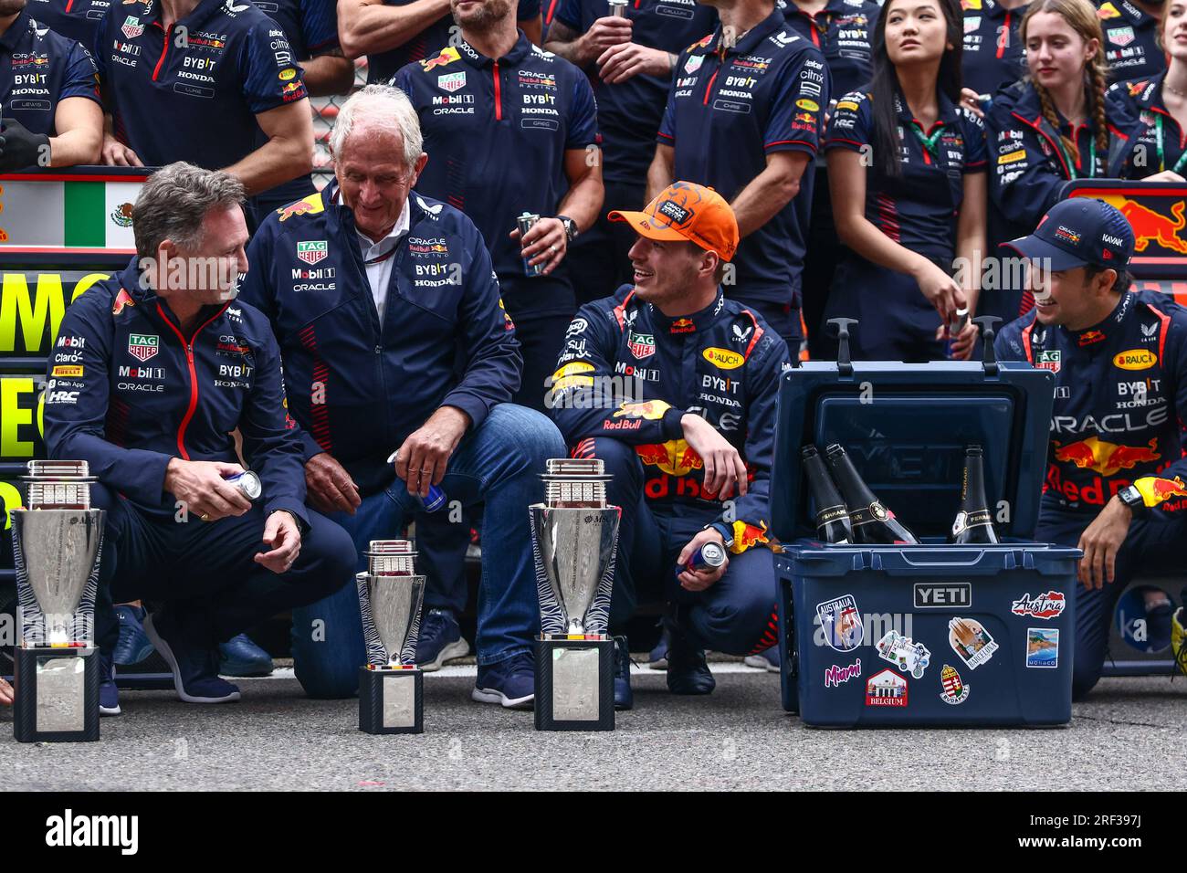 Spa, Belgium. 30th July, 2023. Christian Horner, Helmut Marko, Max Verstappen and Sergio Perez ...