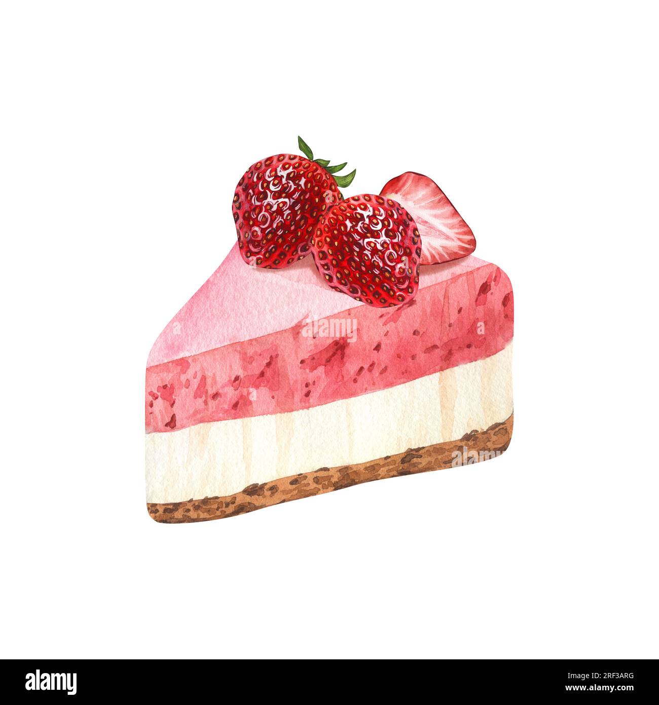 Watercolor dessert, piece of cheesecake with fresh strawberries. Hand ...