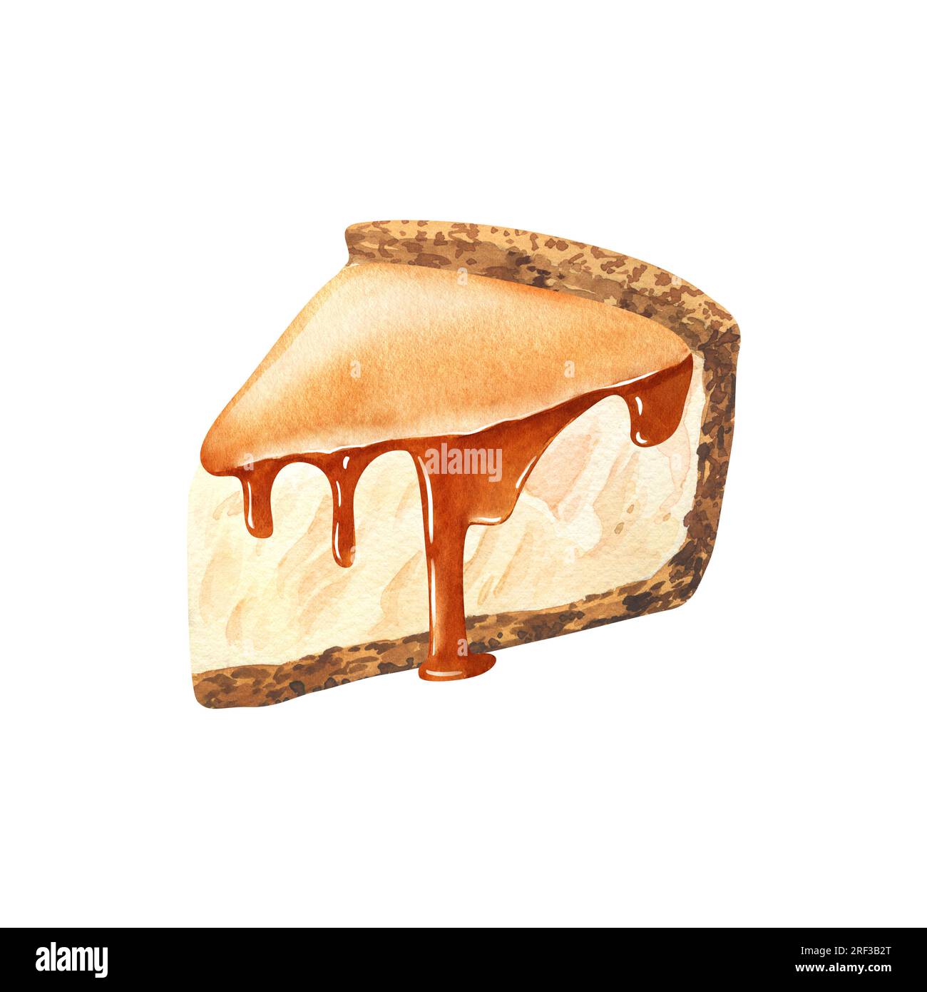 Watercolor dessert, piece of cheesecake with caramel. Hand-drawn ...