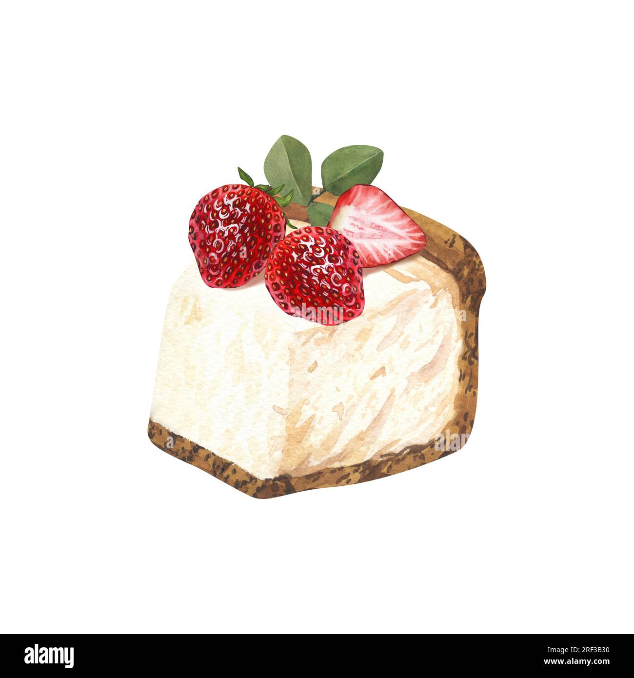 Watercolor dessert, piece of cheesecake with fresh strawberries. Hand ...