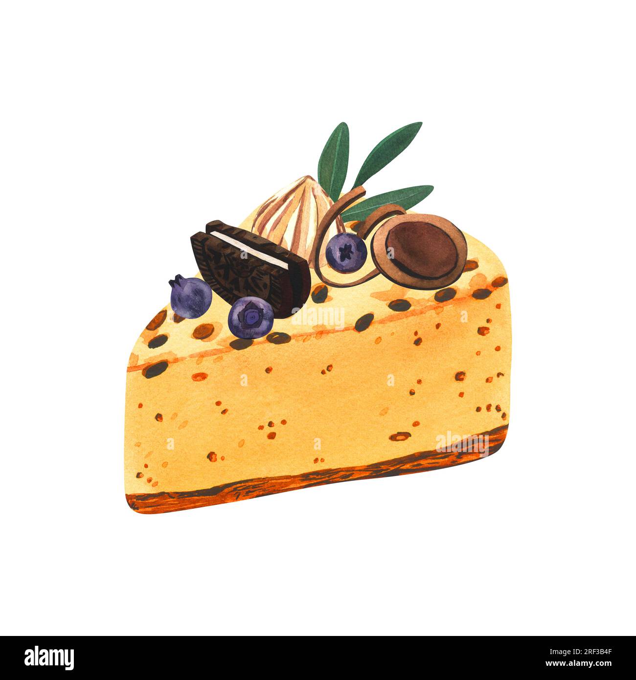 Watercolor dessert, piece mango mousse cake with decor. Hand-drawn ...