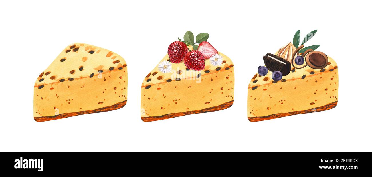 Watercolor set dessert, piece mango mousse cake with decor. Hand-drawn ...