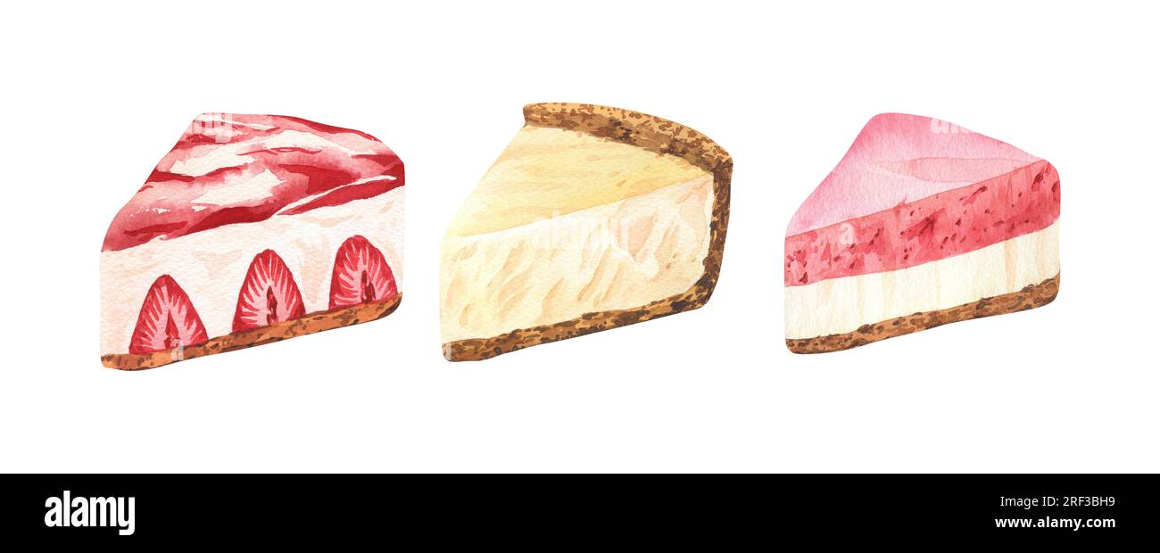 Watercolor dessert, piece of cheesecake with fresh strawberries. Hand ...