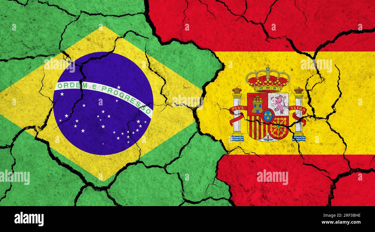 Flags of Brazil and Spain on cracked surface - politics, relationship ...