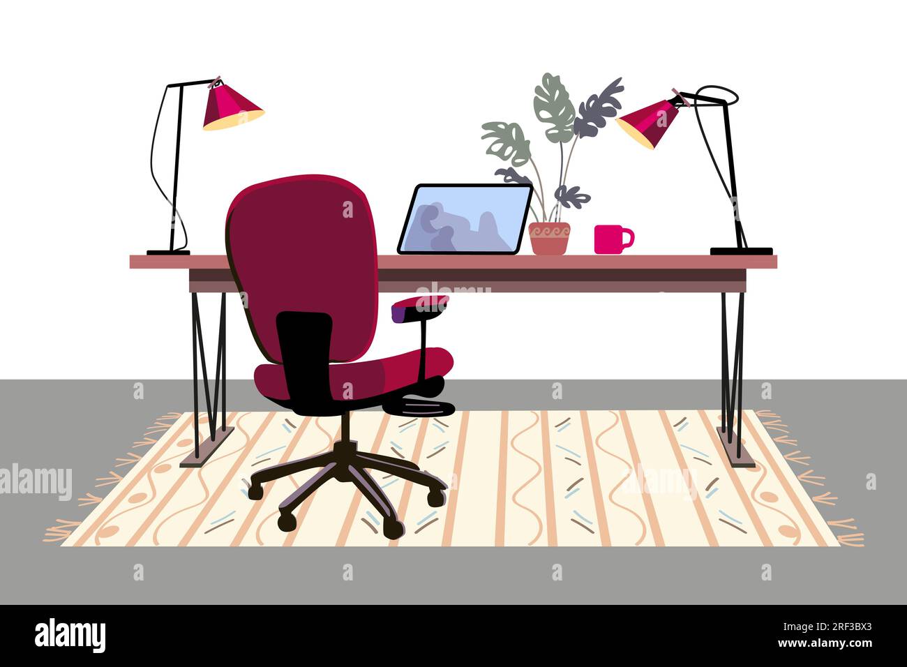 Office desk with laptop, lamp, coffee and indoor plant. Modern business ...