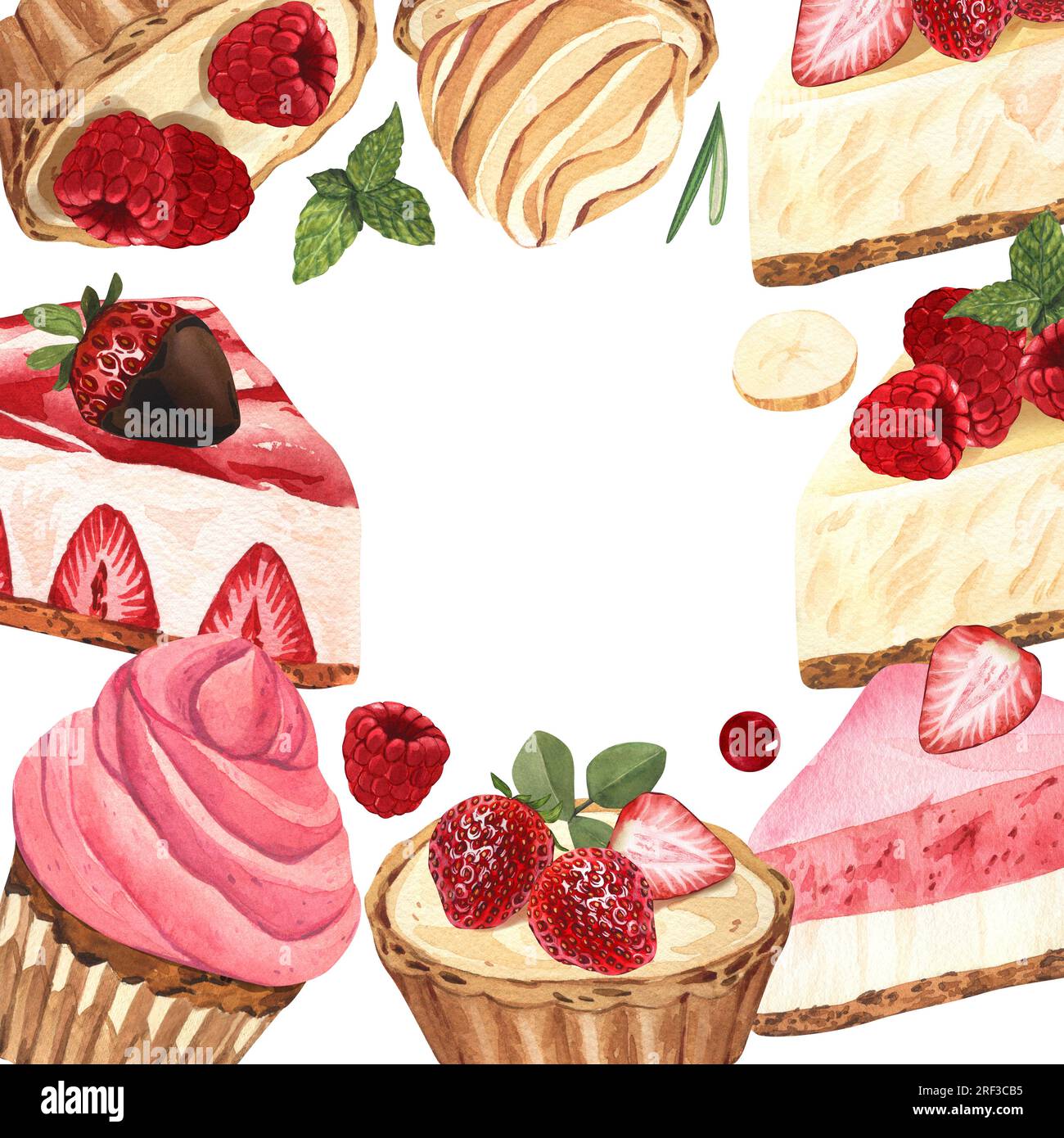 Watercolor frame dessert, piece of cheesecake with fresh strawberries ...