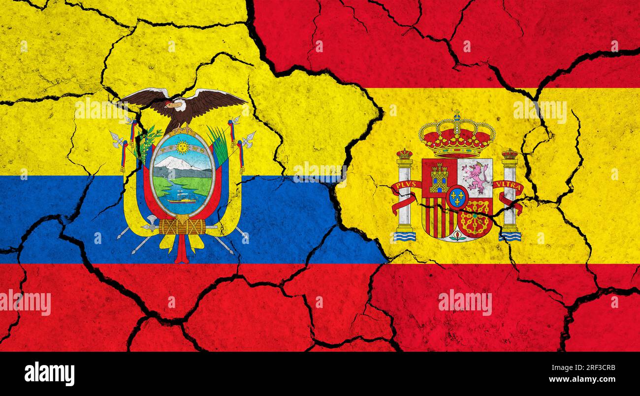Flags of Ecuador and Spain on cracked surface - politics, relationship ...