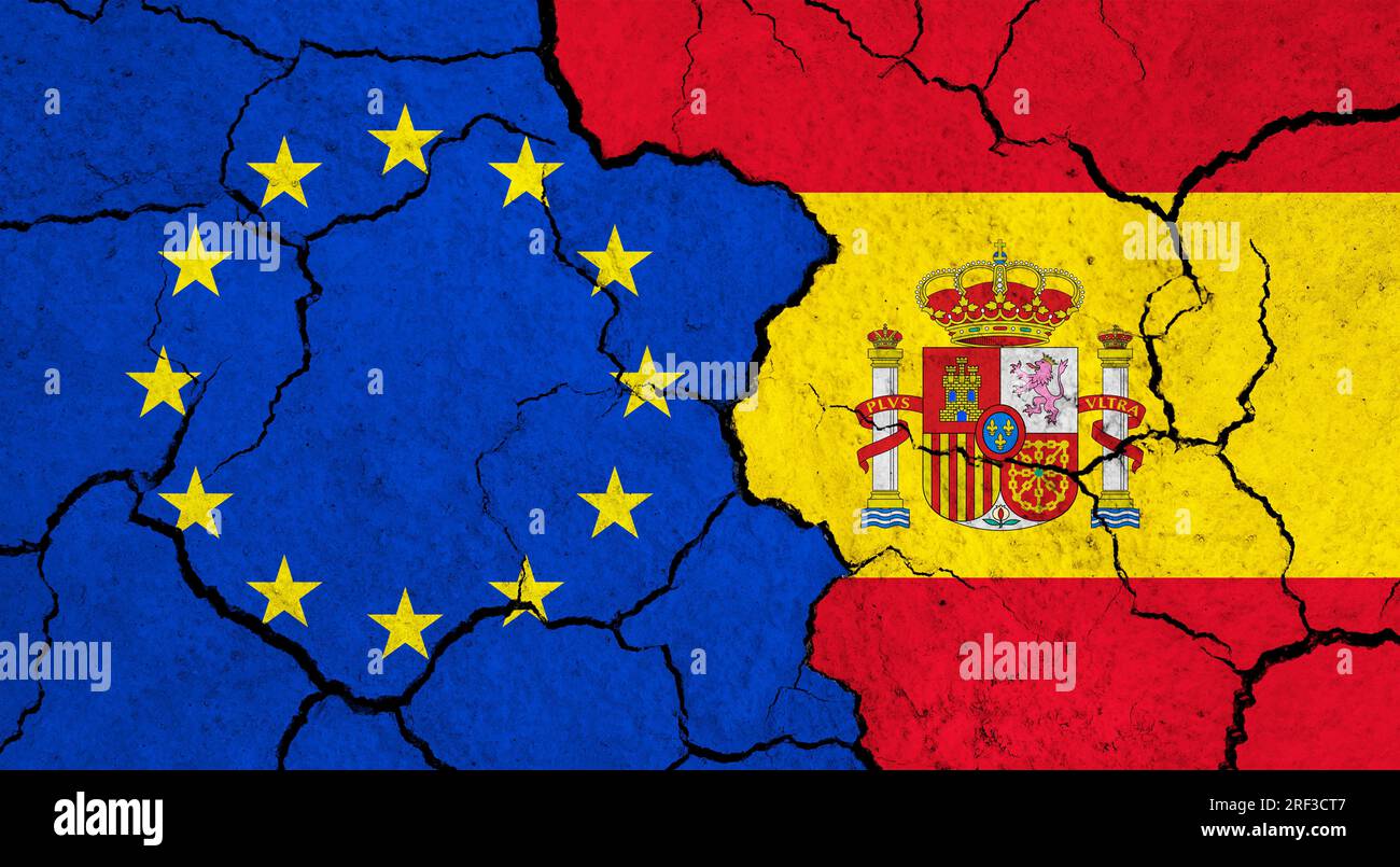 Flags of European Union and Spain on cracked surface - politics ...