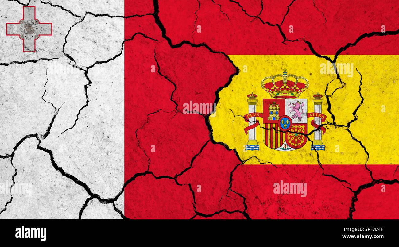 Flags of Malta and Spain on cracked surface - politics, relationship ...