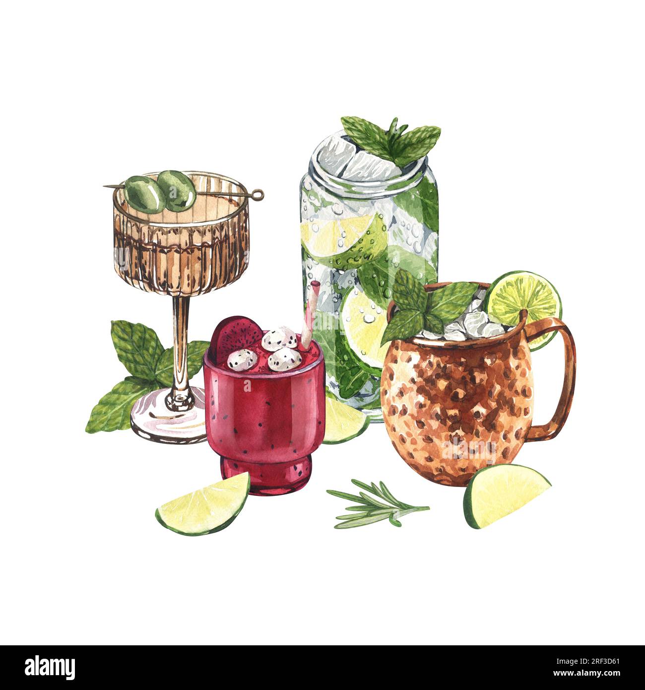 Watercolor group cocktail glasses:espresso martini, mojito, moscow mule ...