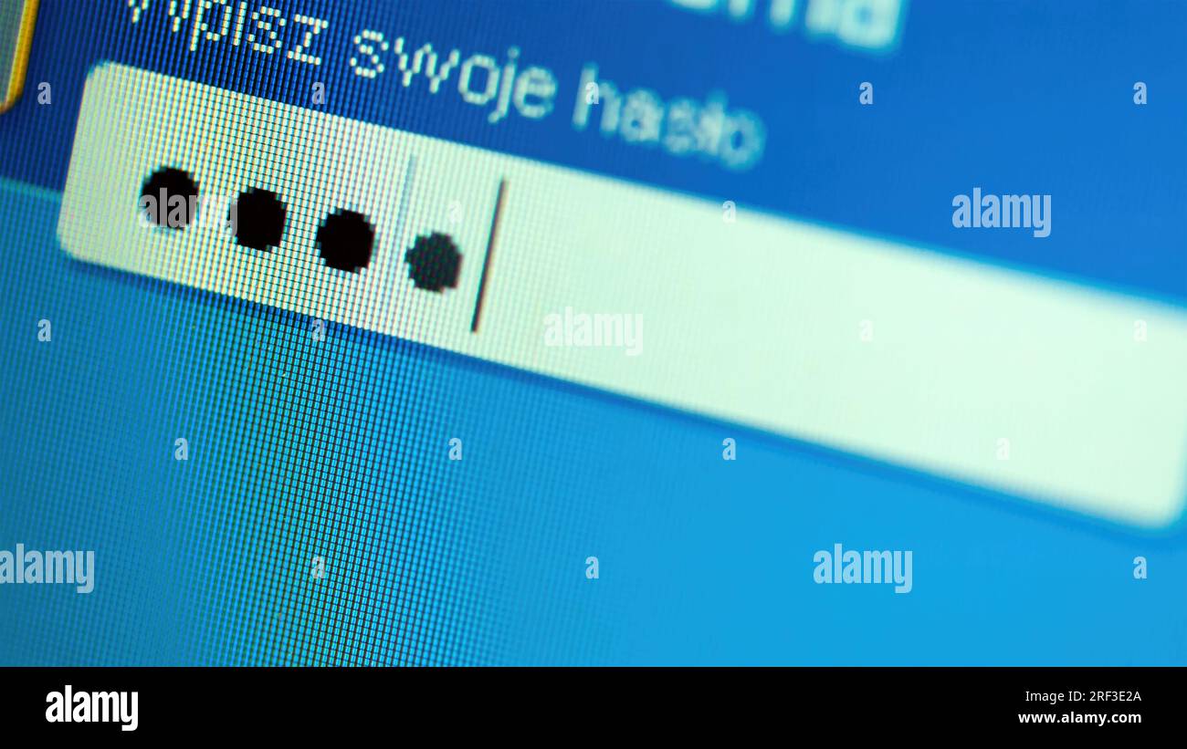 Personal user account access password input field on a computer monitor screen, display macro ...