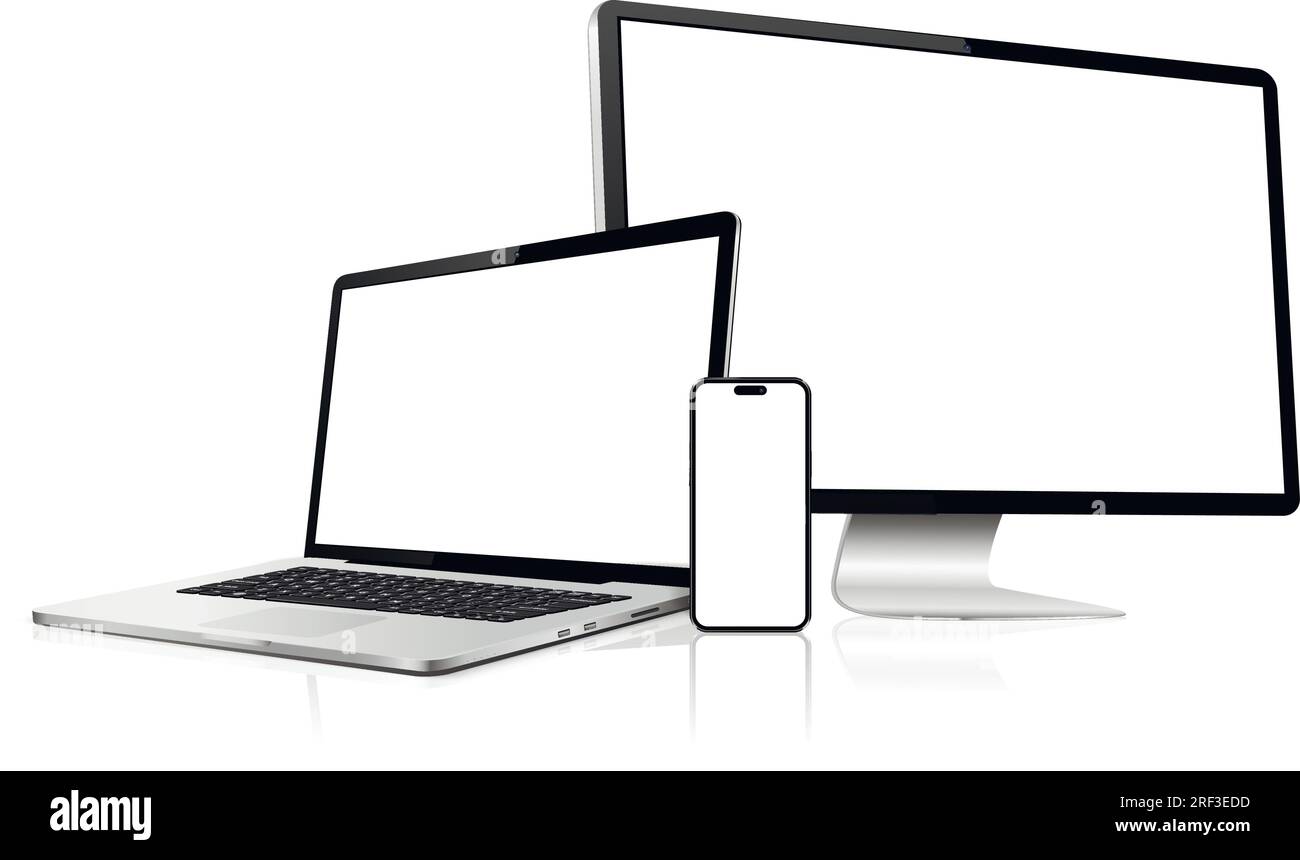 Computer, laptop, phone. Flat lay detailed and realistic devices mockup ...