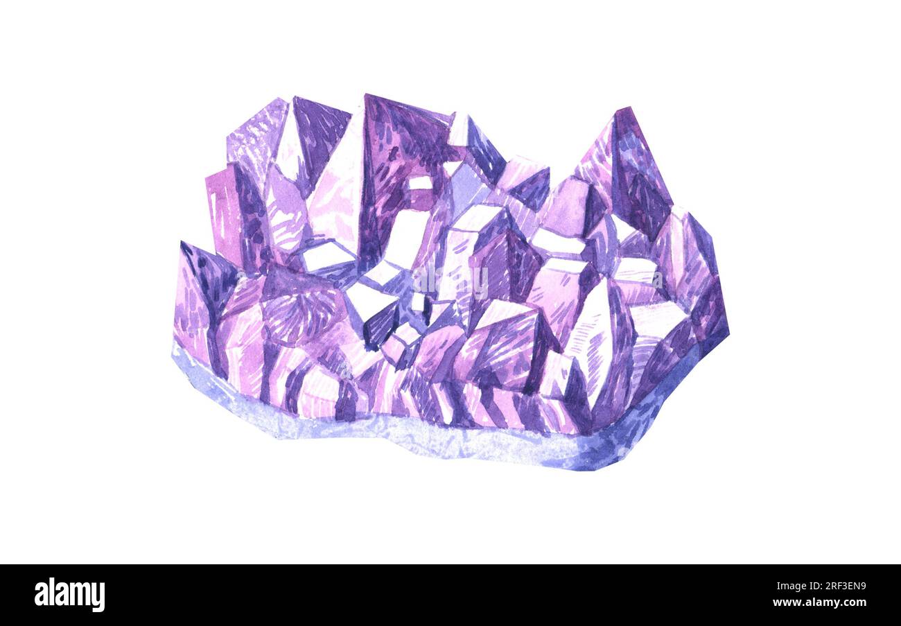 Watercolor purple crystal amethyst hand drawn painting illustration ...