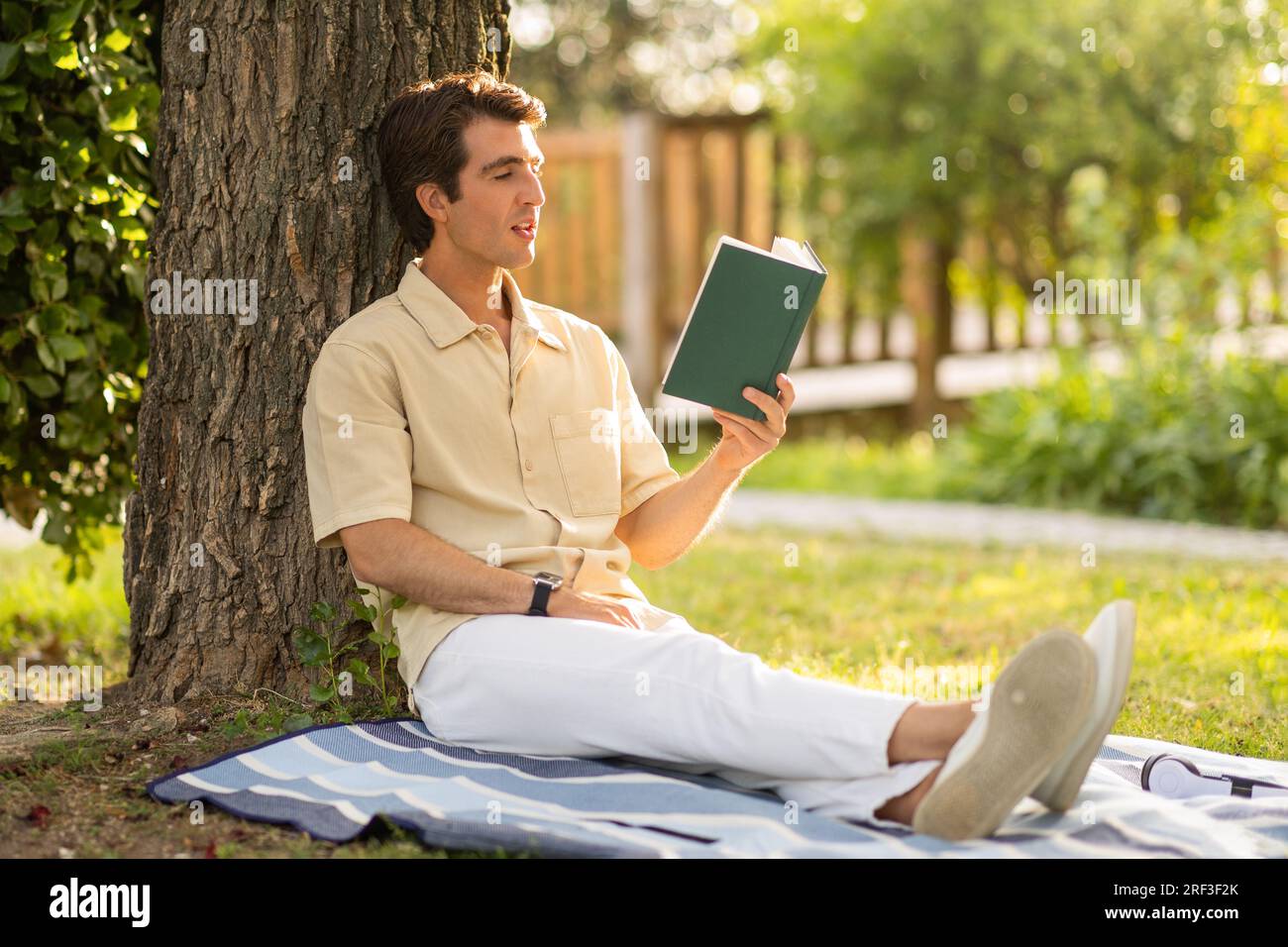 Man sitting under tree reading hi-res stock photography and images - Alamy