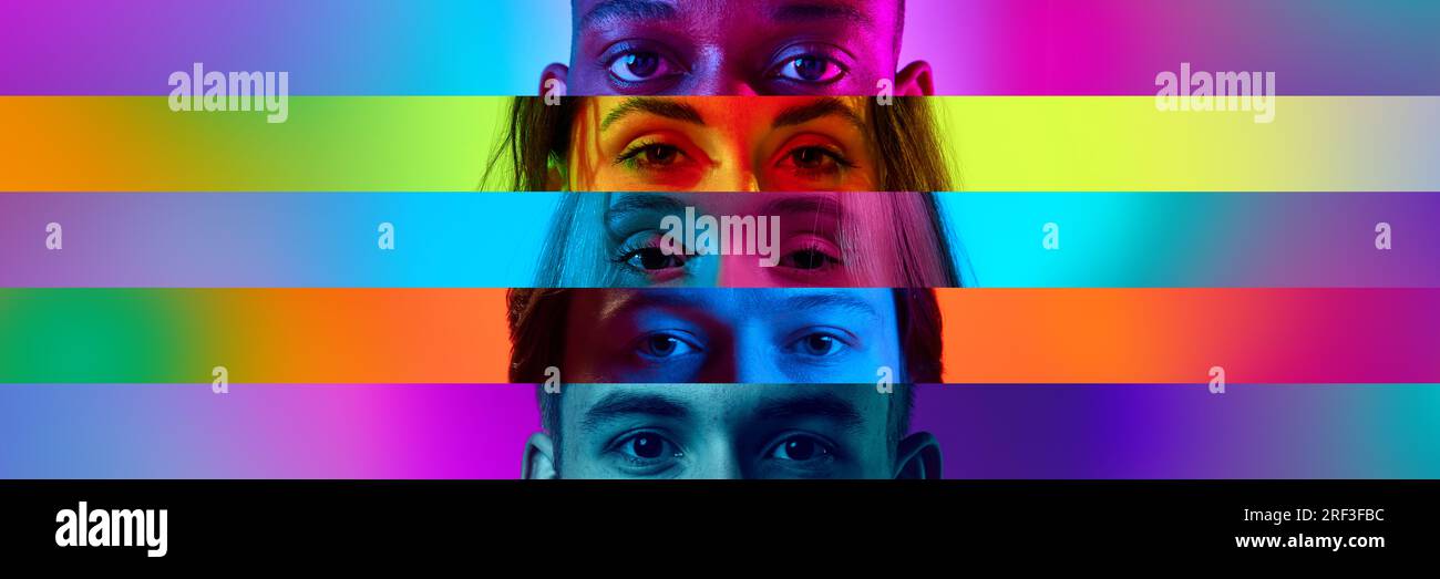 Cropped male and female different eyes placed on colored narrow stripes ...