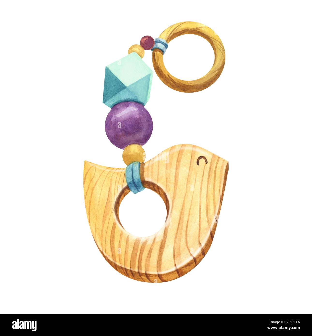 Watercolor wooden baby toys clipart. rattles, bird. Nursery Hand-drawn ...