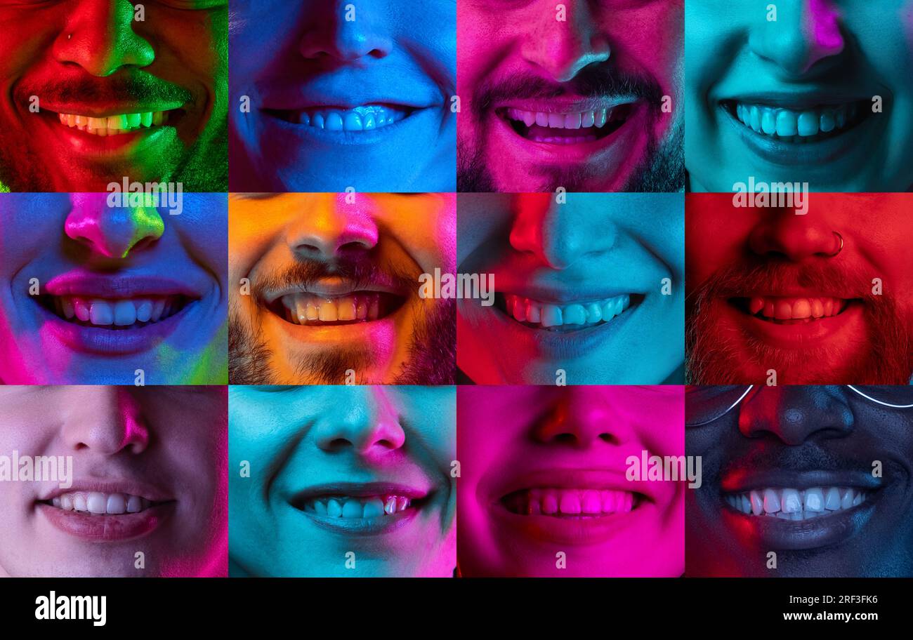 Collage with close up male and female faces, noses and smiling broadly ...