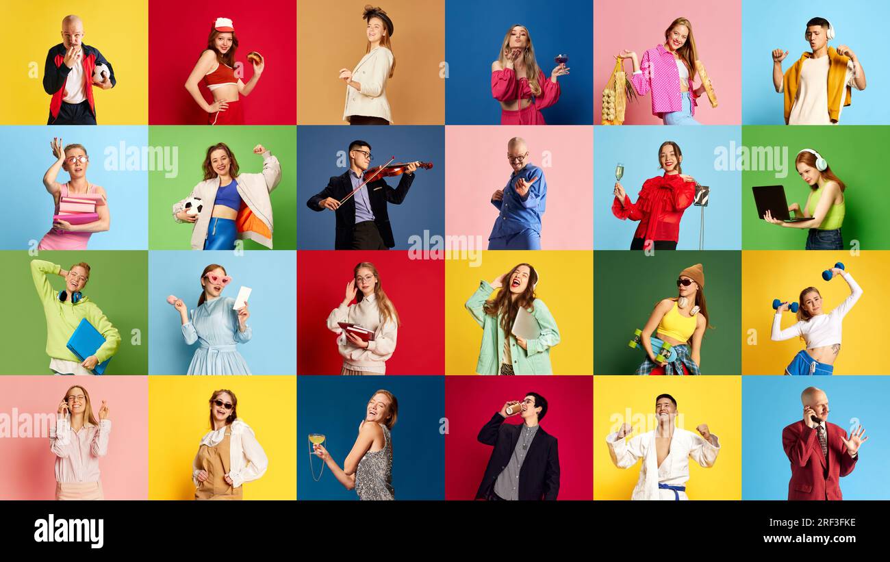 Collage made of portraits of ethnically diverse people, men and women ...