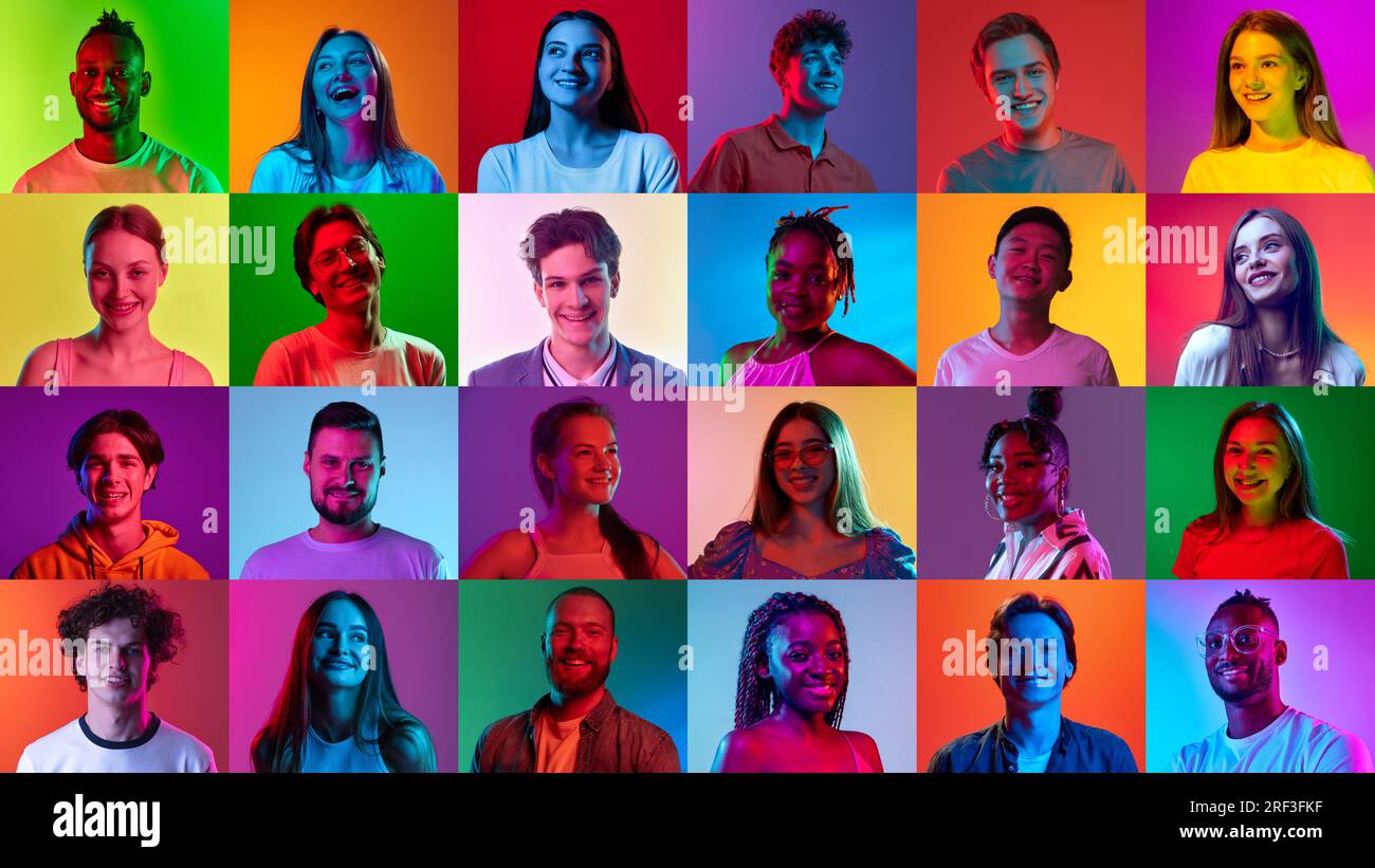 Collage of close-up shoots of ethnically diverse pensive, doubtful ...