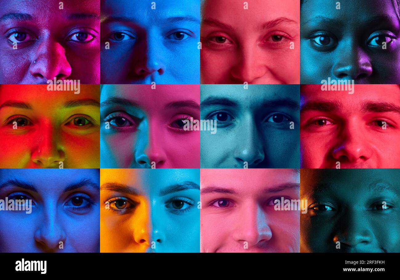 Close-up. Cropped male and female faces, eyes looking at camera over ...