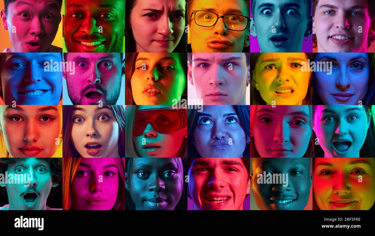 Collage of close-up shoots of ethnically diverse pensive, doubtful ...