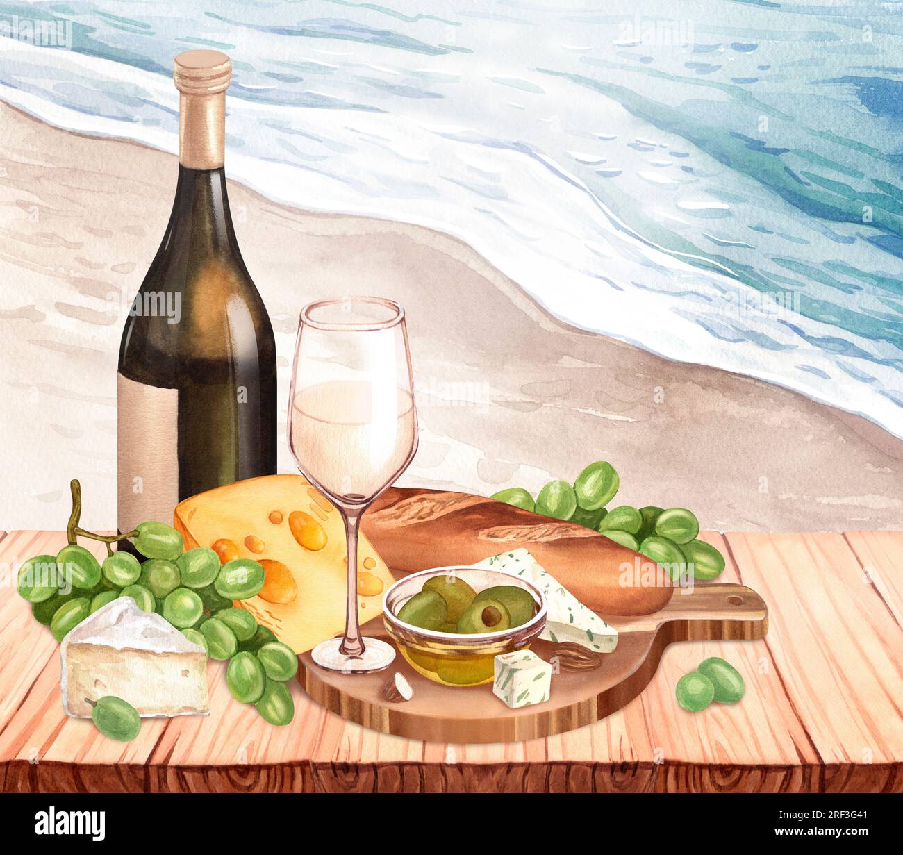 Watercolor white wine bottle, fresh ripe green grapes, cheese on the ...