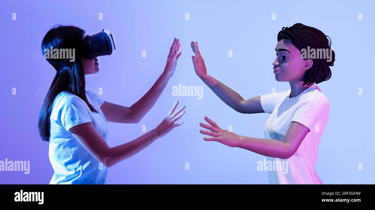 Woman in VR headset interacting with 3D avatar, purple background Stock ...