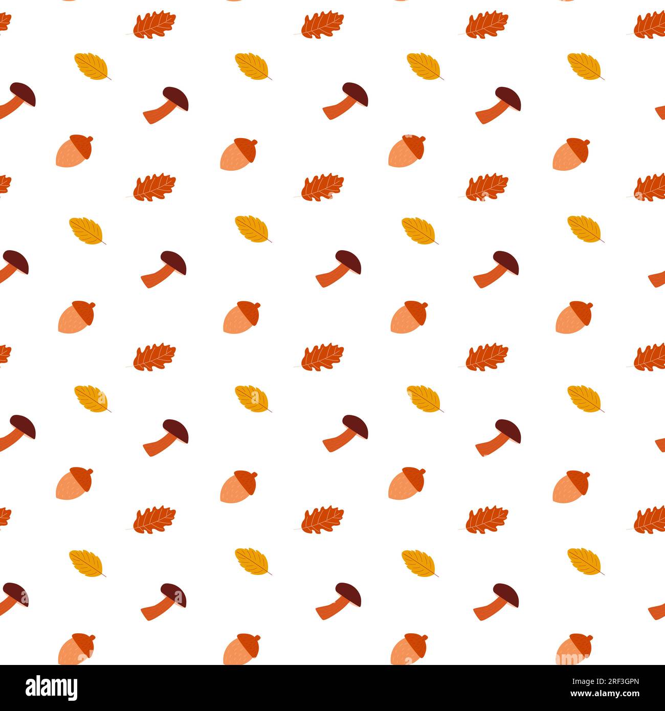 Seamless autumn pattern with mushrooms, acorn and oak leaves on white background. Vector flat ...