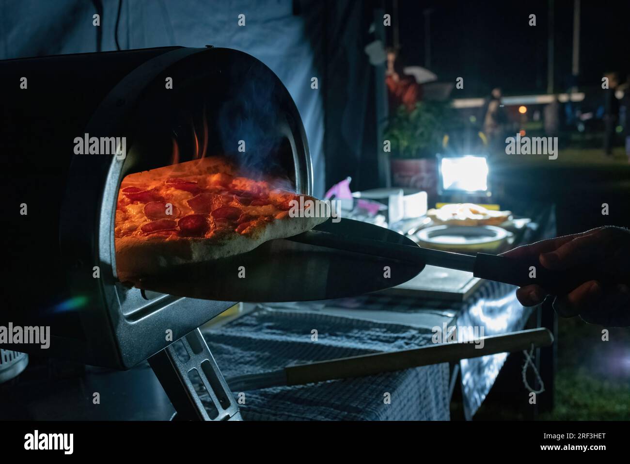 Mobile pizza oven at evening event in Banbury, a market town in ...